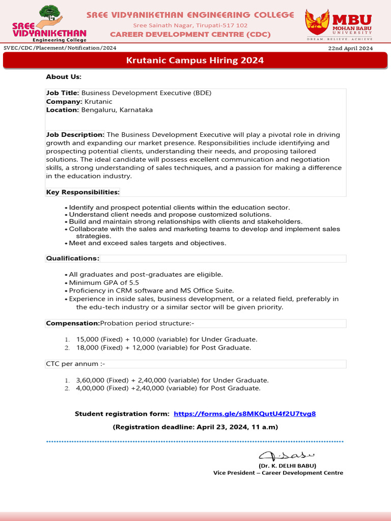 Krutanic - Campus Hiring - 2024 - Notification | PDF | Sales ...