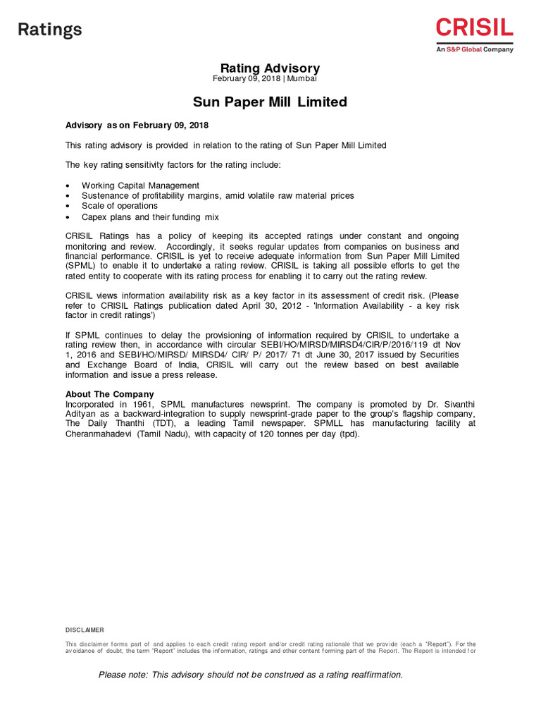Sun Paper Mill Limited October 20 2016 RR - HTML | PDF | Debt | Banks