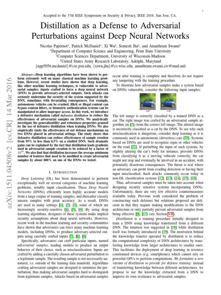 Distillation As A Defense To Adversarial Perturbations Against Deep Neural Networks | PDF | Deep ...