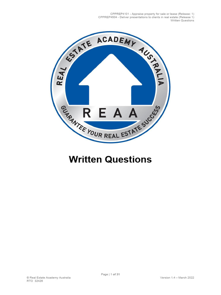 REAA - CPPREP4101 and CPPREP4504 - Written Questions v1.2 | PDF | Real Estate Appraisal | Market ...