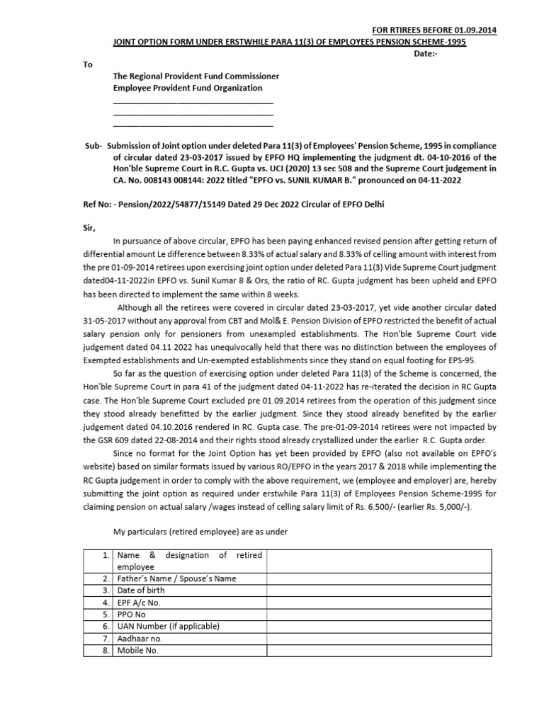Joint Option Format For Pre & Post Retiree 2014 | PDF | Government | Labor