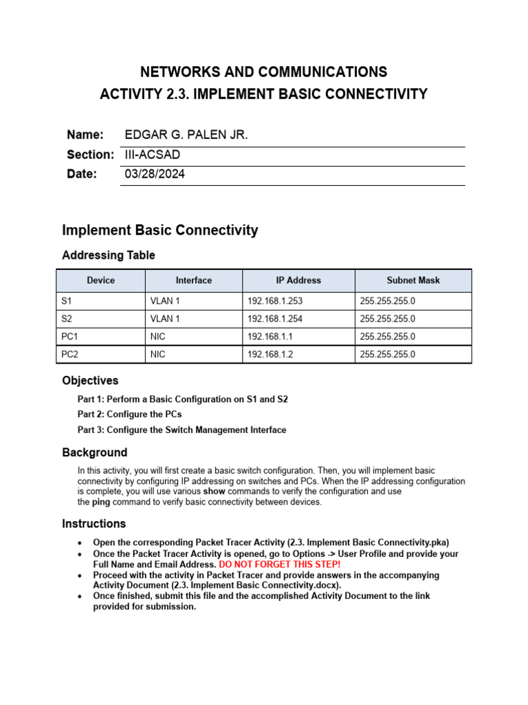 2.3. Implement Basic Connectivity | PDF | Command Line Interface | Ip Address