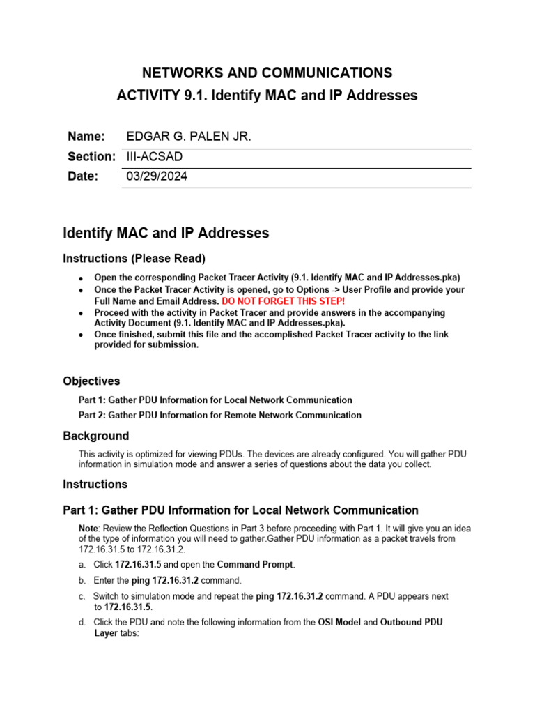 9.1. Identify MAC and IP Addresses | Download Free PDF | Computer Network | Ip Address