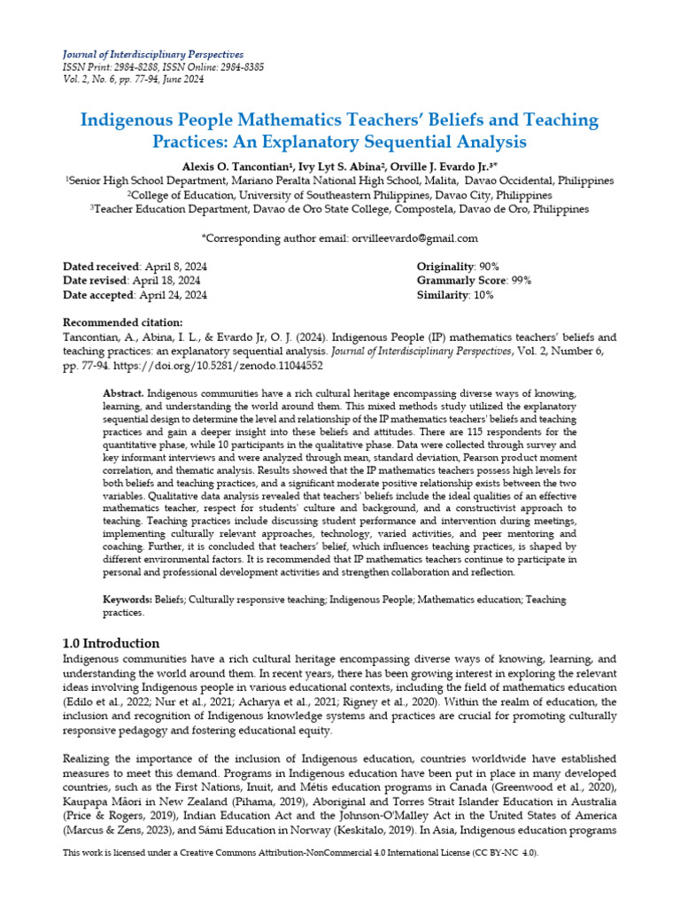 Indigenous People Mathematics Teachers' Beliefs and Teaching Practices: An Explanatory ...