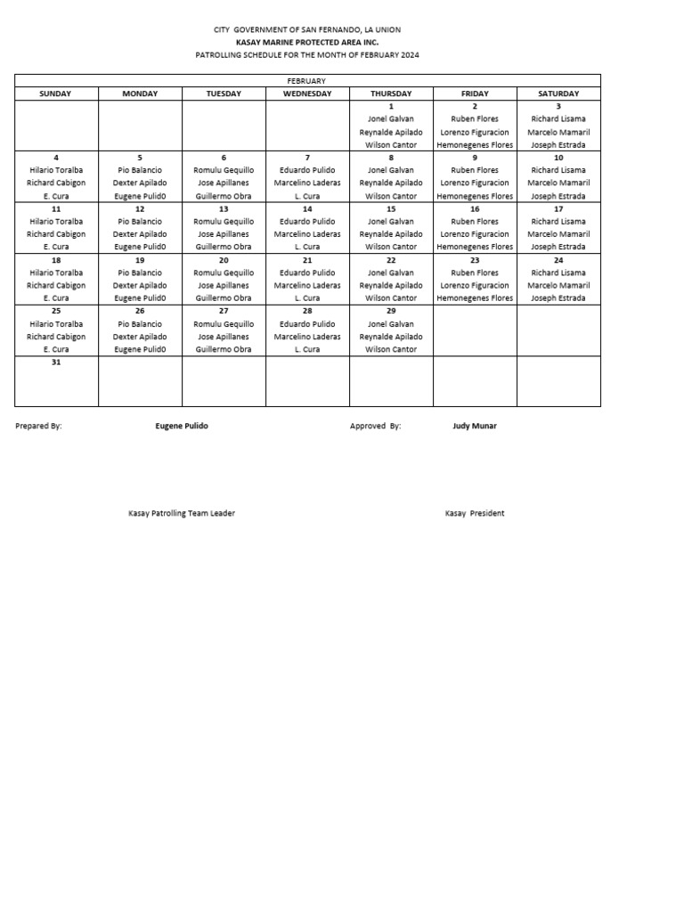 Kasay MPA Patrolling Schedule - February 2024 | PDF
