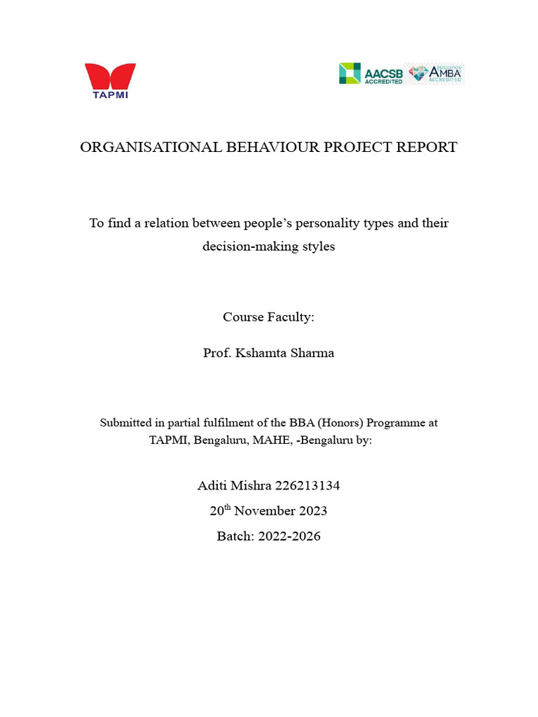 Organisational Behaviour Project | PDF | Decision Making | Personality Type