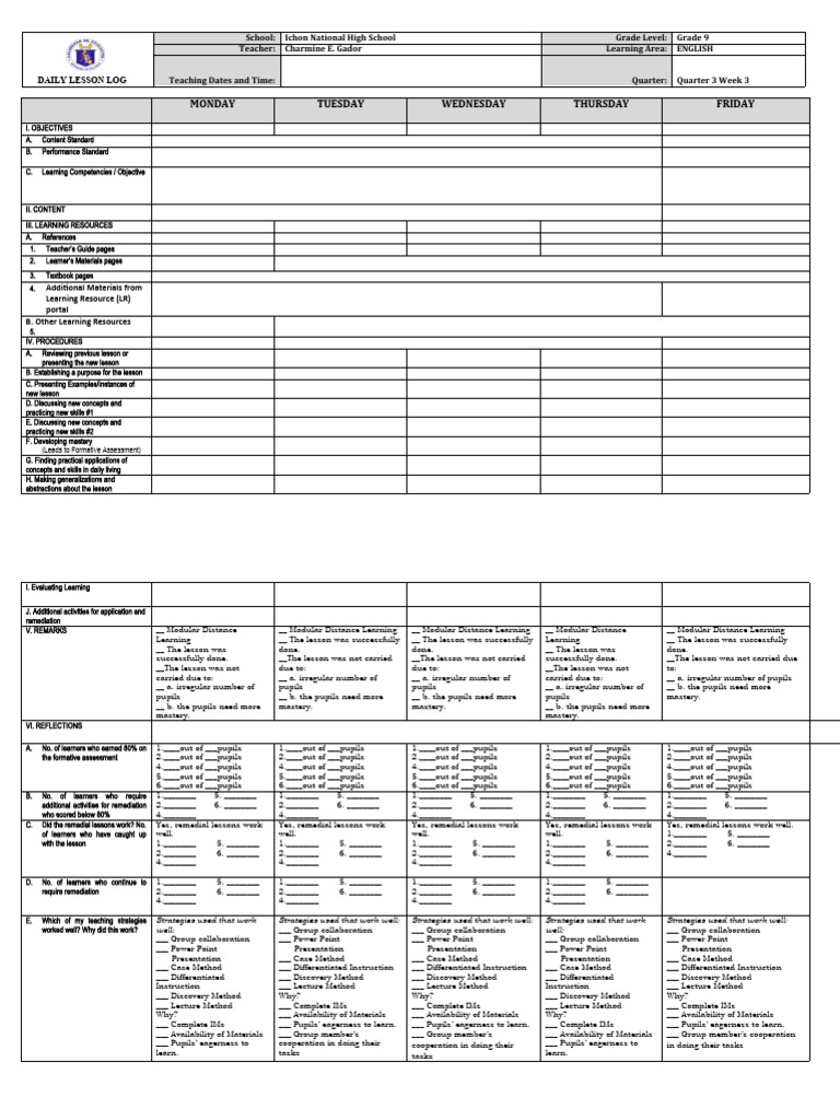 DLL Template For English, Math, Science, Tle, Mapeh Etc | Download Free ...