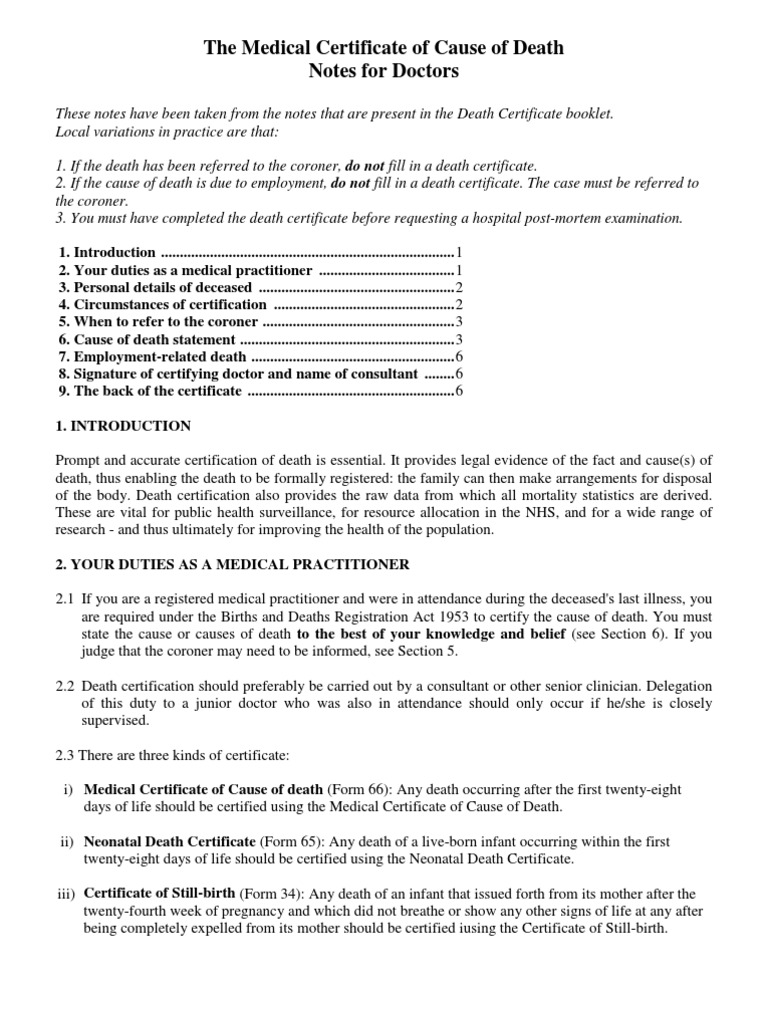 The Medical Certificate of Cause of Death - Notes for Doctors | Death ...