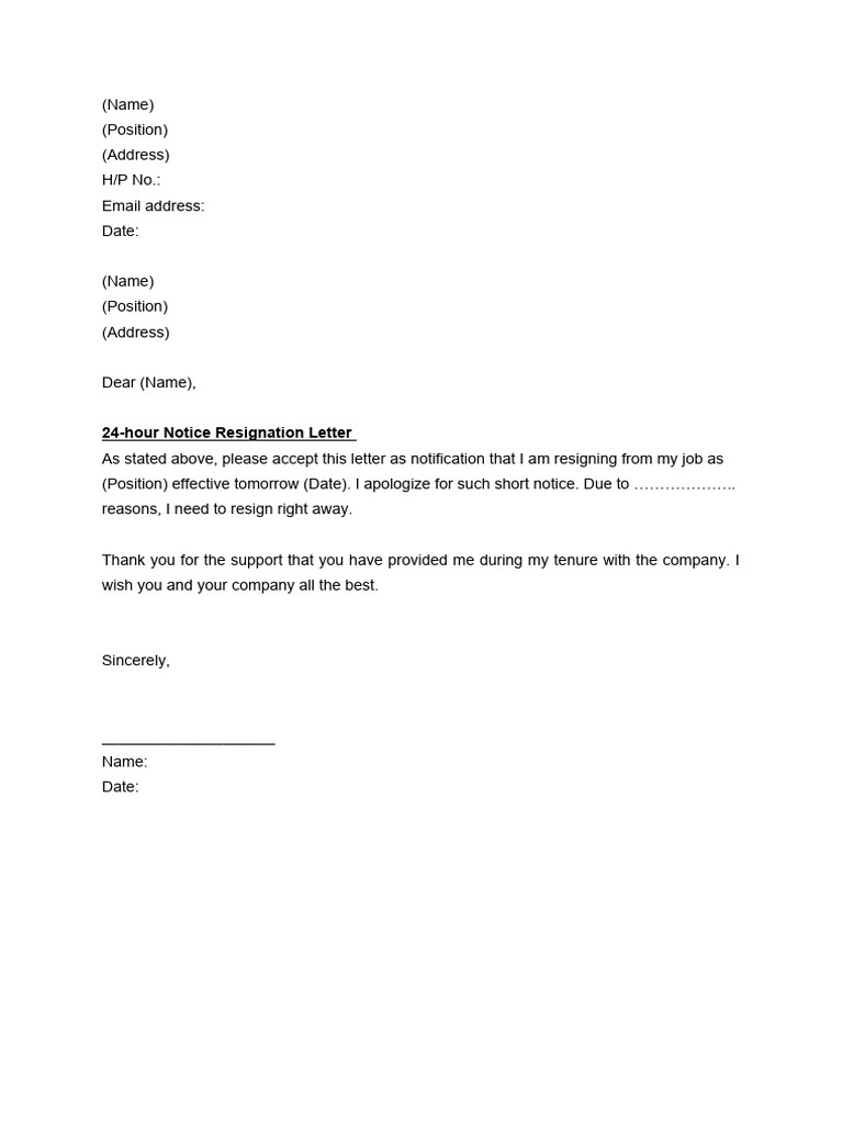 24-Hour Notice Resignation Letter | PDF