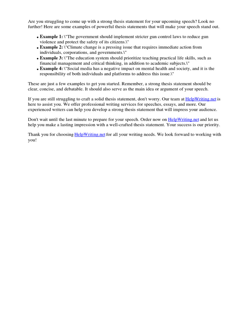 Thesis Statement Examples For Speeches | PDF | Essays | Thesis
