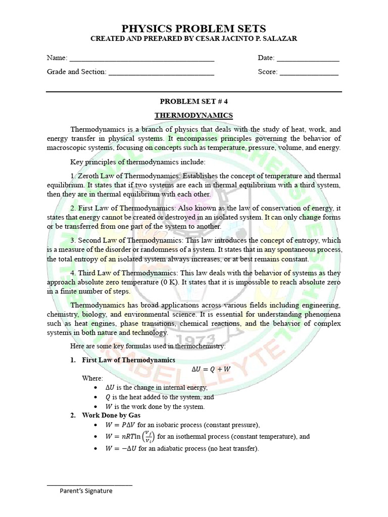 Physics ProbSet 4 | Download Free PDF | Thermodynamics | Laws Of Thermodynamics