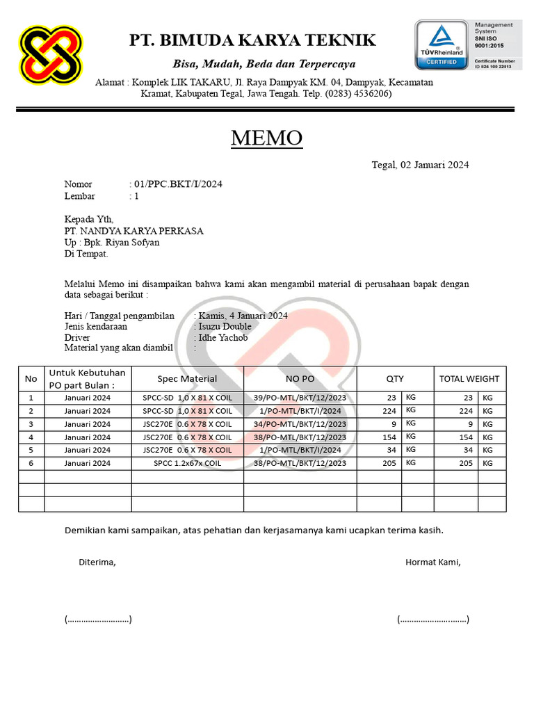 Contoh Surat Jalan Material | PDF