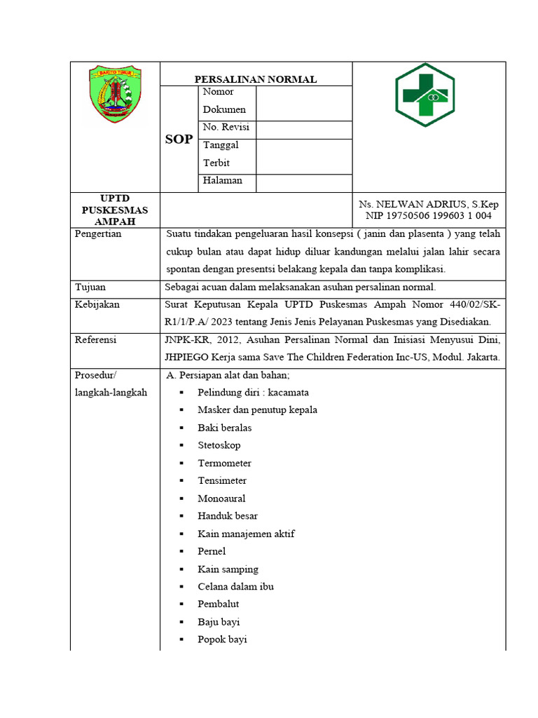 Sop Persalinan Normal | PDF