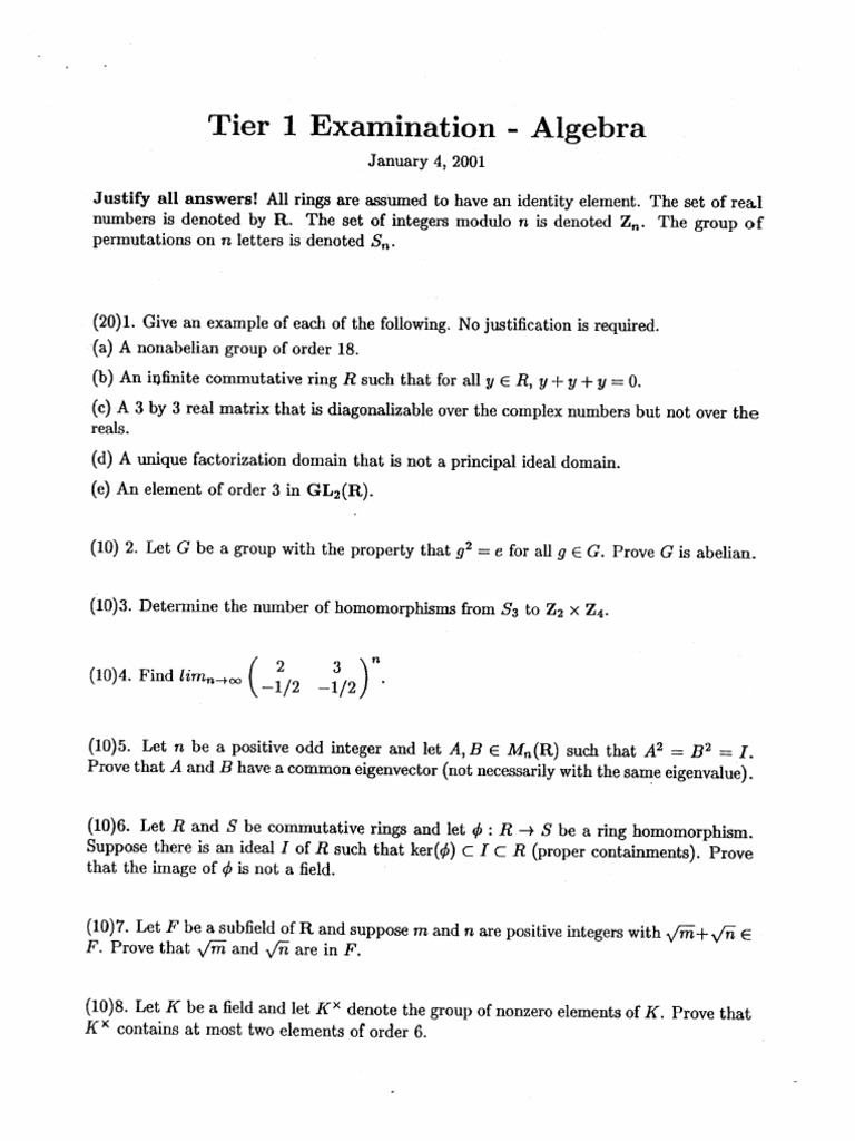 2001 01 Algebra t1 | PDF