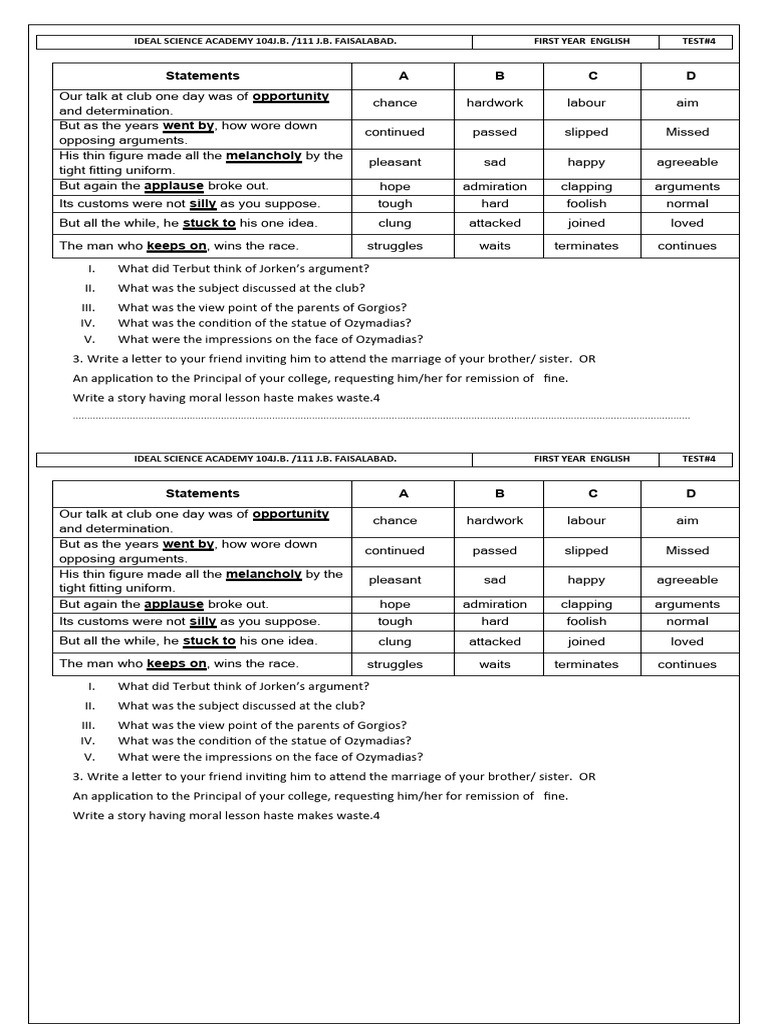 First Year English Test#4 | PDF