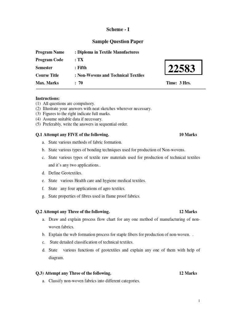 Non-Wovens and Technical Textiles-Sample-Question-Paper (Msbte-Study-Resources) | PDF | Textiles ...
