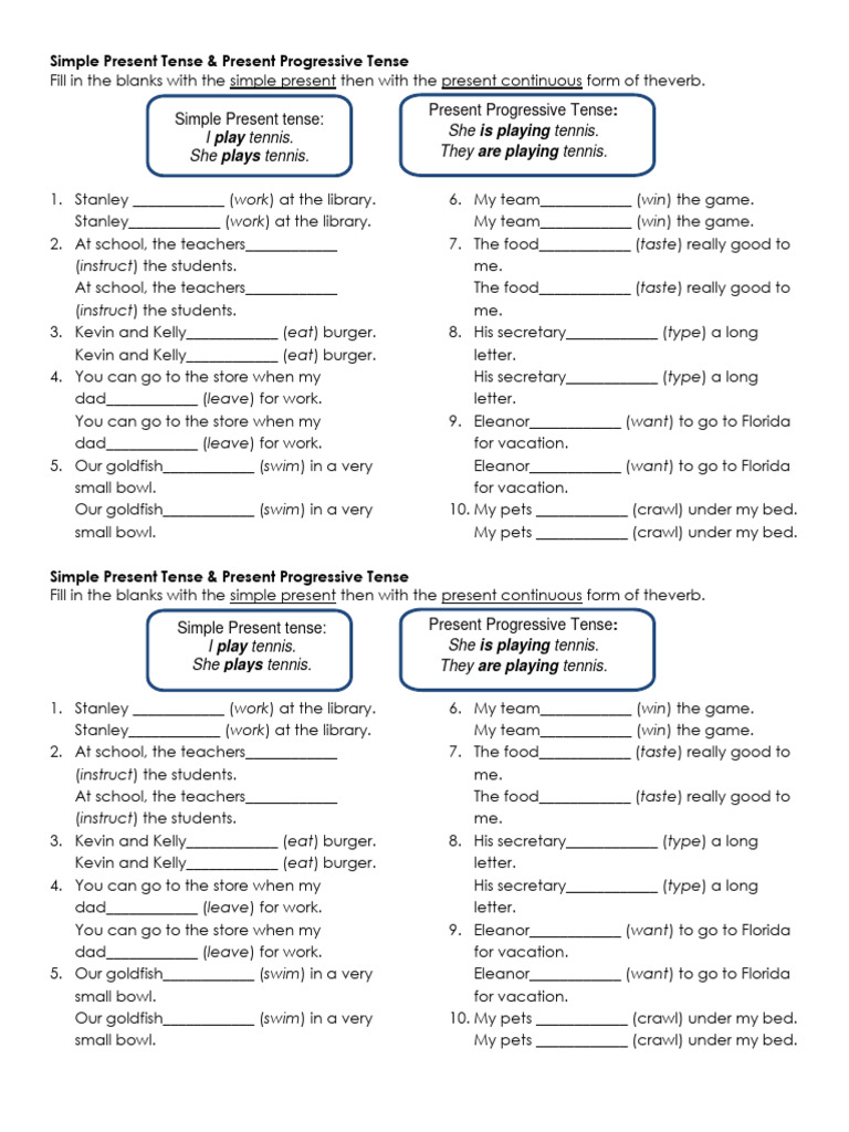 Simple & Progressive Tense Exercises | PDF | Grammar | Language Mechanics