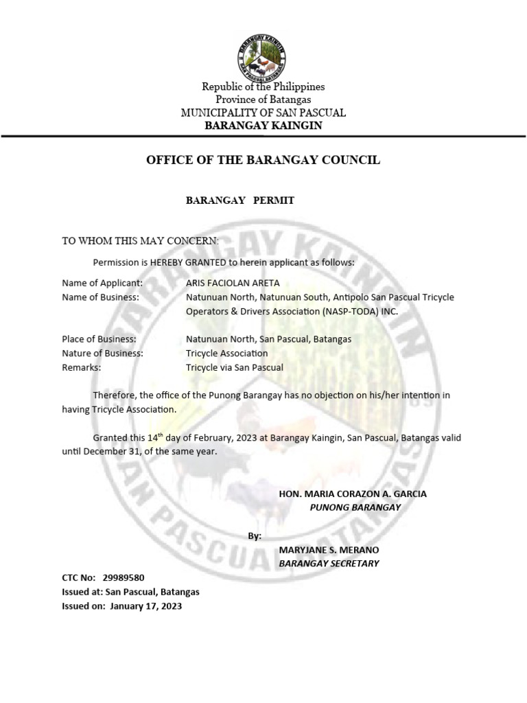 Barangay Permit NASP-TODA | PDF