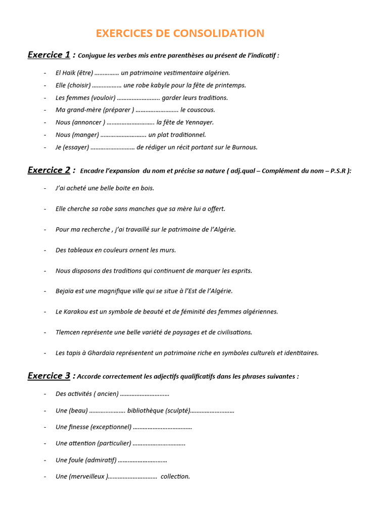 Exercices de consolidation 3AM Français | PDF
