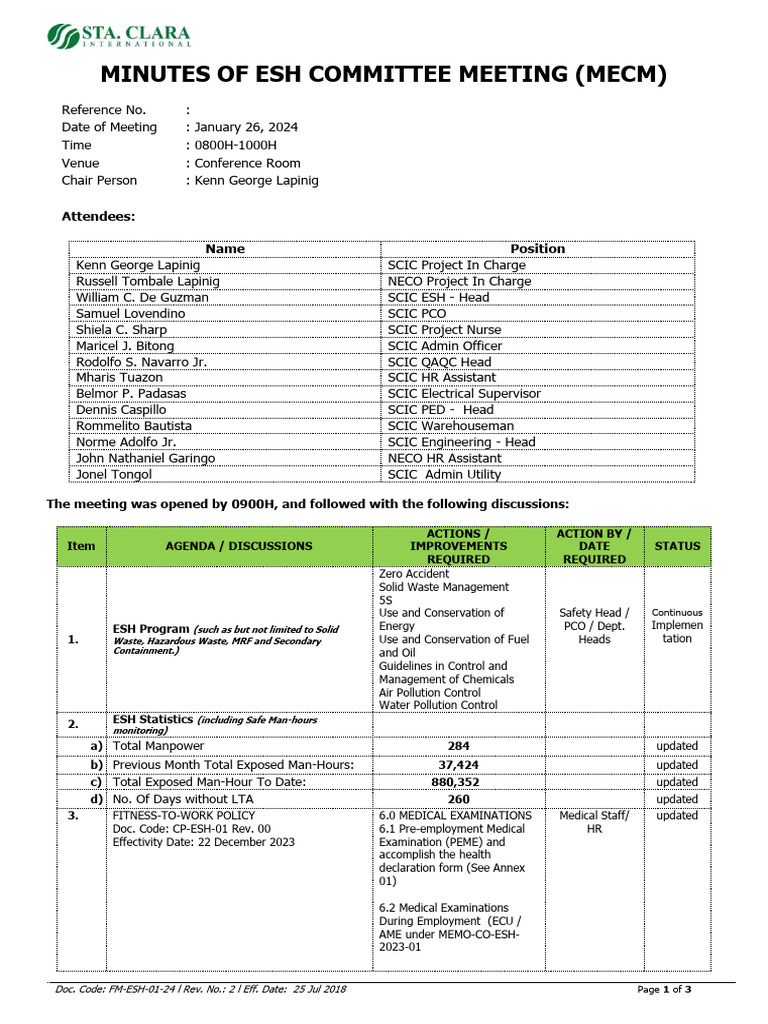 Minutes of ESH Committee Meeting JANUARY 2024 | PDF