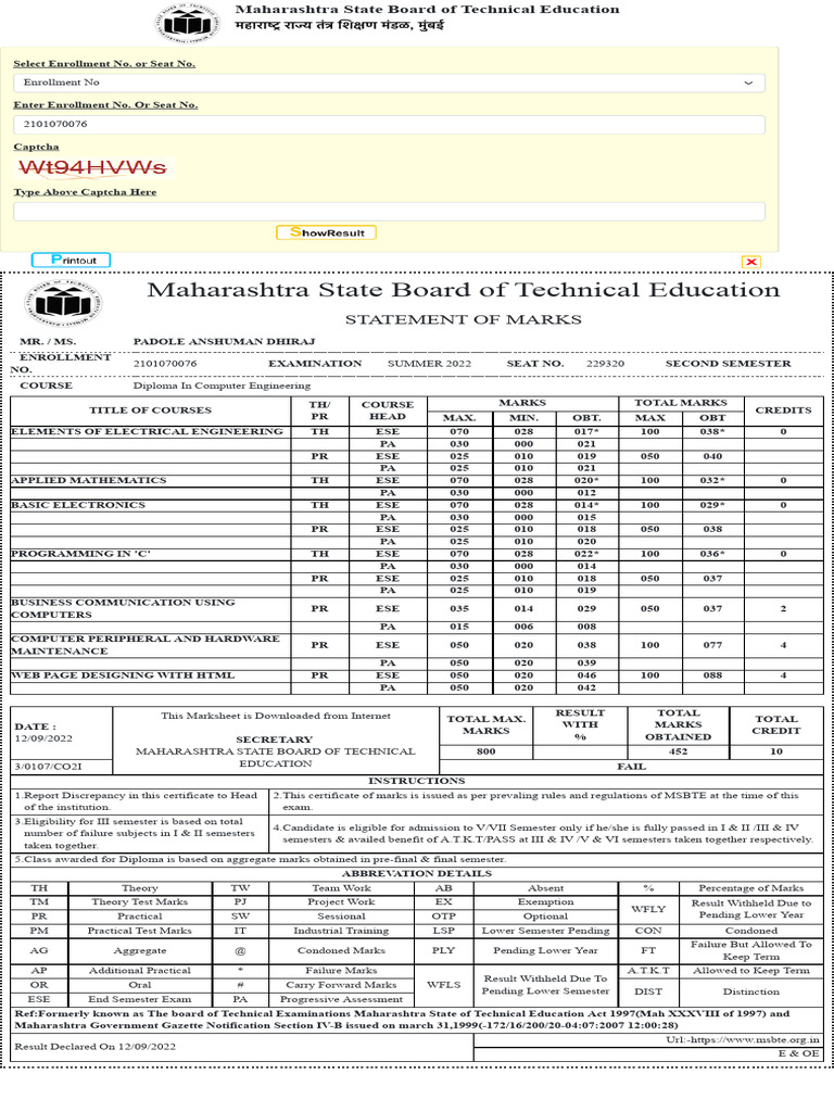 InpcwebBTRespcResult01pcfrmViewMSBTEResult Aspx | PDF | Educational Stages