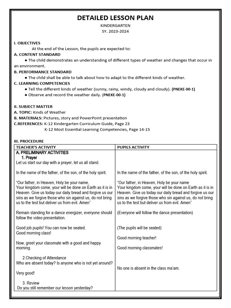 DETAILED LESSON PLAN Kinder COT - For Merge | PDF | Lord's Prayer | Sky