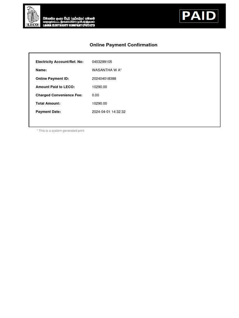 LECO Online Payment Confirmation | PDF