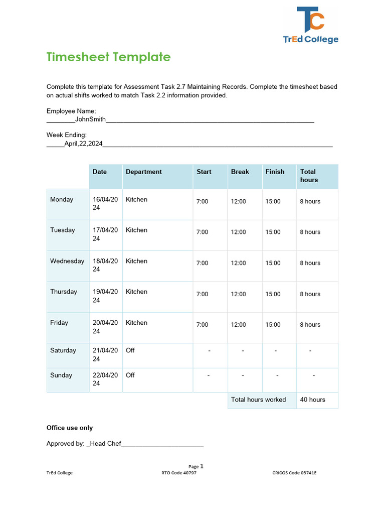 SITXHRM008 Timesheet Template | PDF