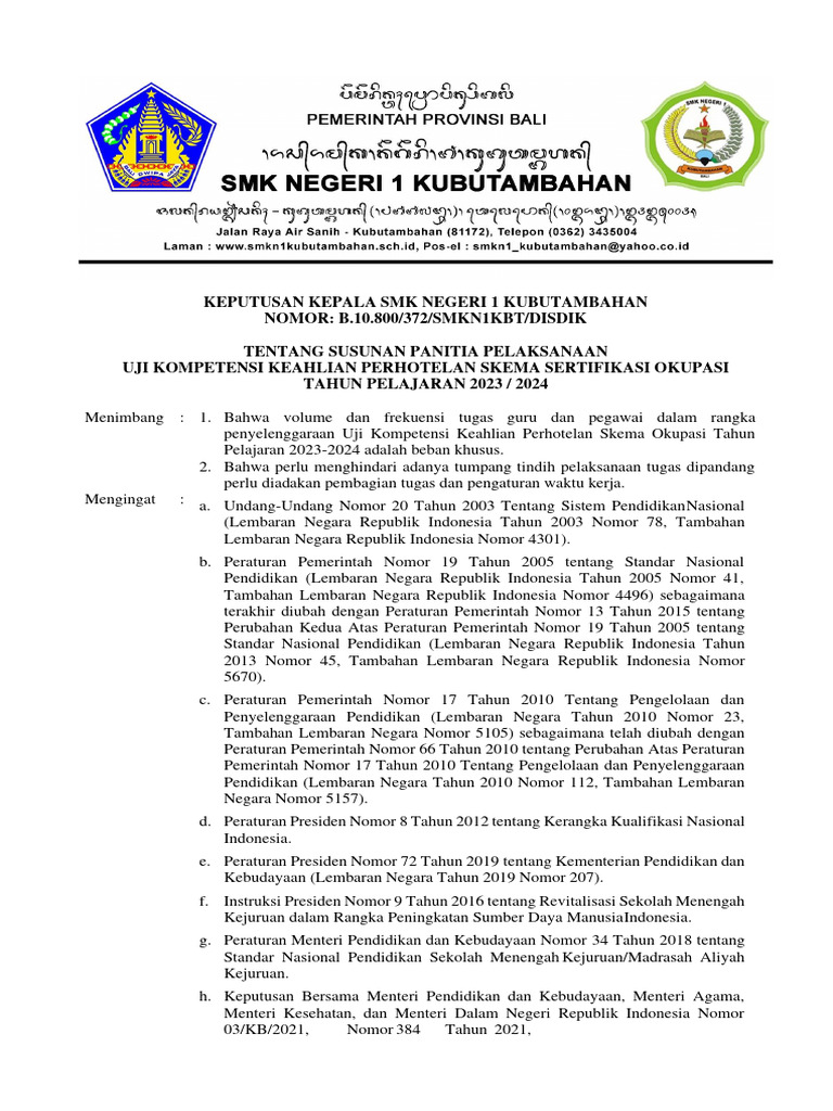 SK Ukk Perhotelan Skema Okupasi Tahun Pelajaran 2023-2024 | PDF