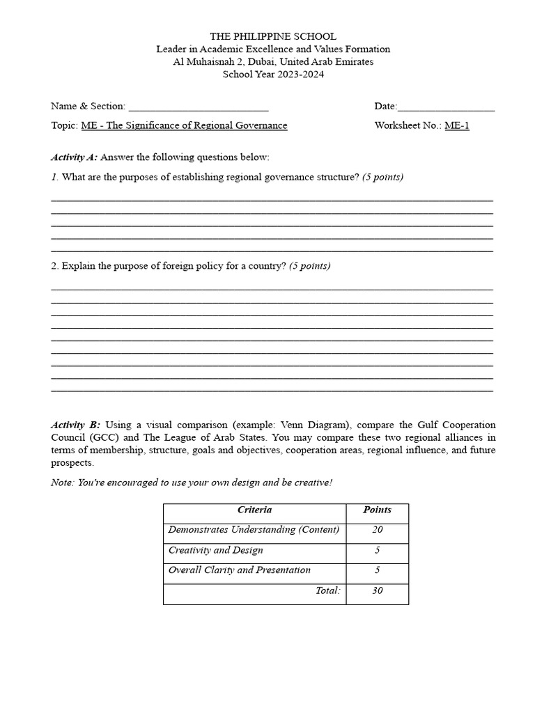 Regional Governance and Foreign Policy Worksheet | PDF | Business