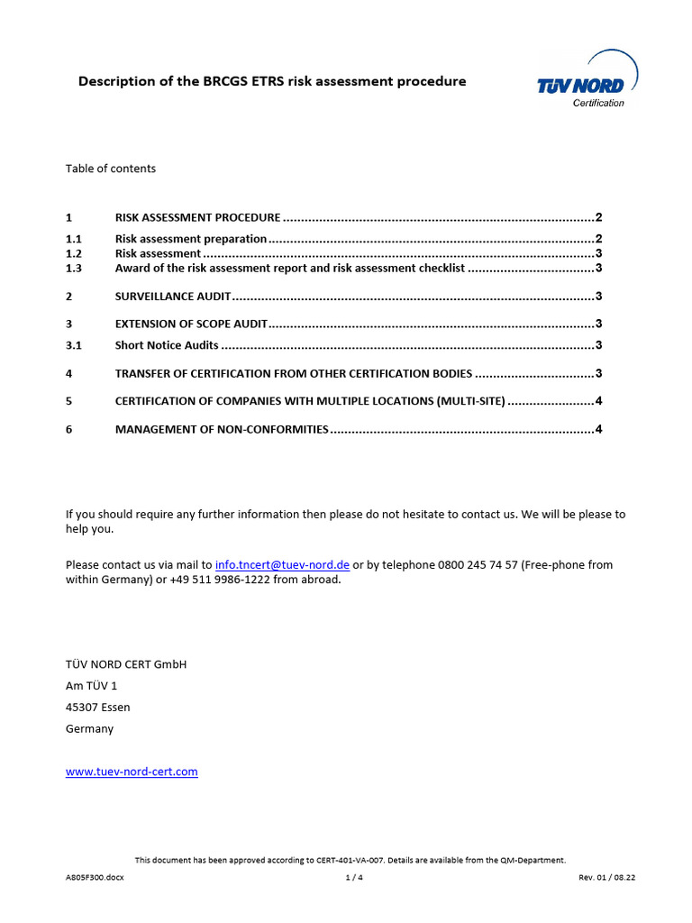 Tuev Nord Cert Brcgs Risk Assessment Procedure Description | PDF | Risk ...