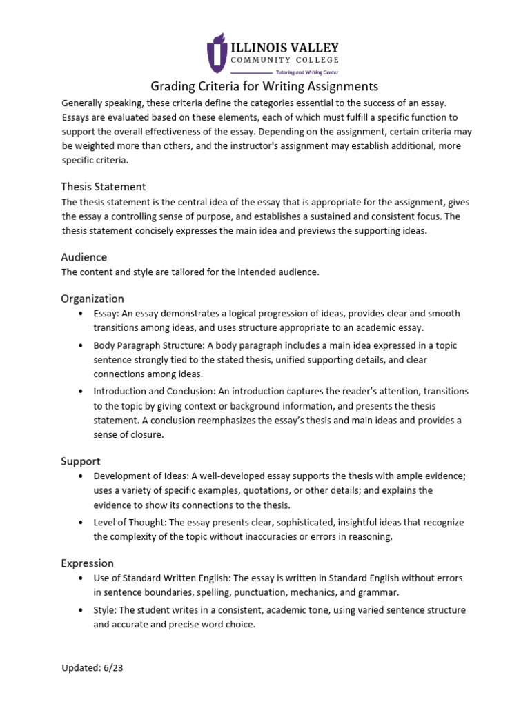 Writing Assignment Grading Criteria Pdf Essays Thesis 9902