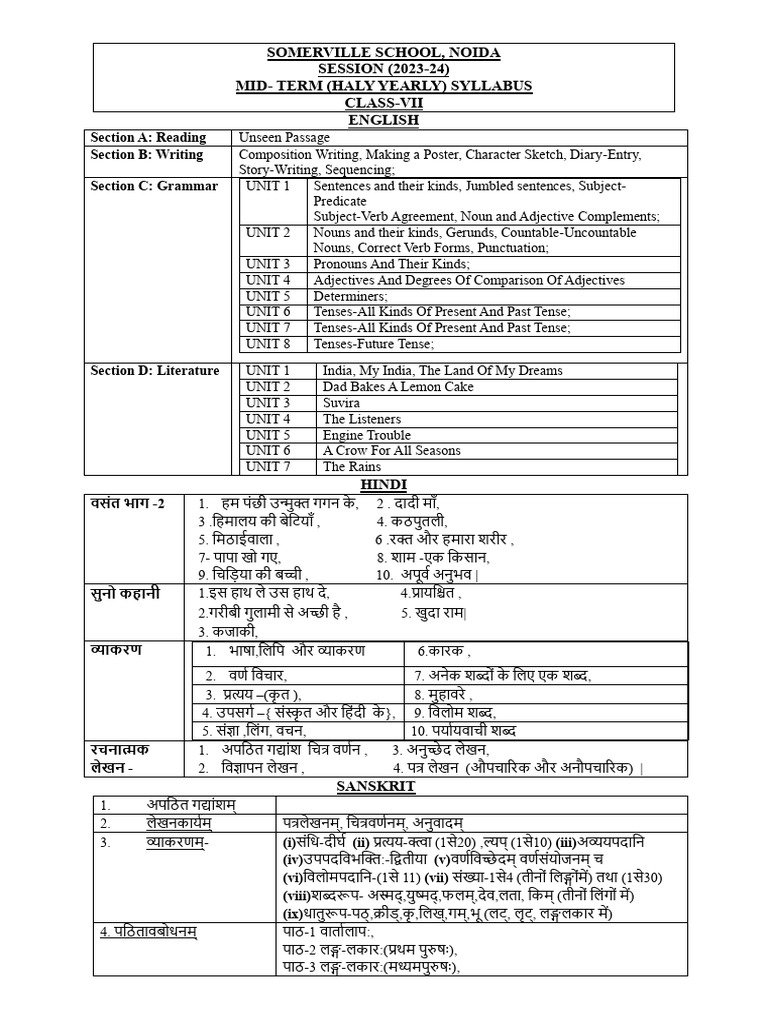 Class 7 - Half Yearly Exam Syllabus - 2023-24 | PDF