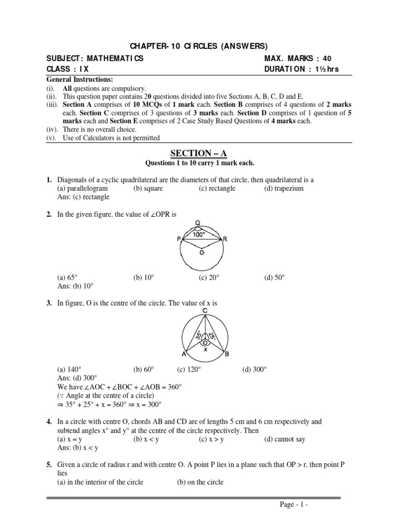 $maths Class Ix Chapter 10 Circles Practice Paper 12 Answers | PDF | Circle | Rectangle
