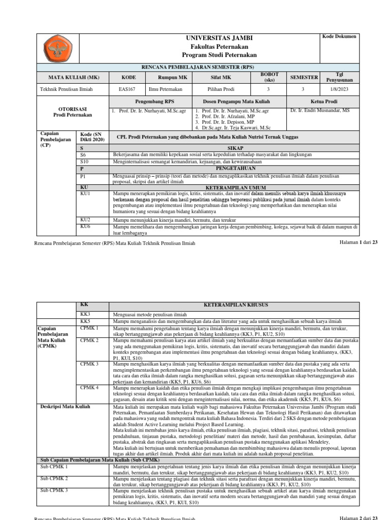 RPS KKNI Tekhnik Penulisan Ilmiah 2023-Prodi Pet | PDF | Seni