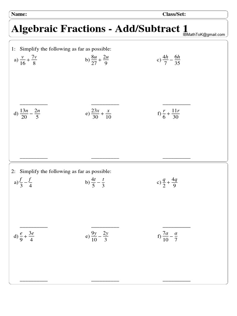 Algebraic Fractions Add Subtract 1 | PDF | Mathematics | Arithmetic