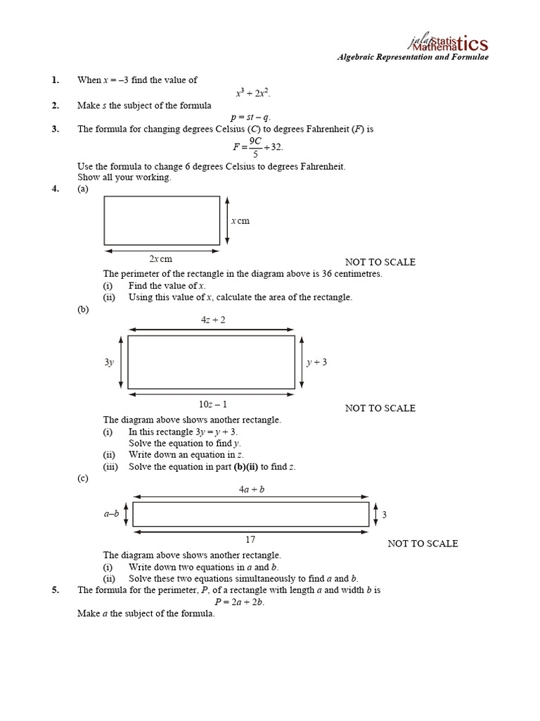 Algebraic Representation and Formulae | PDF | Area | Equations