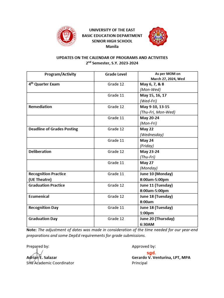 Students' Copy of Updates On The Calendar of Programs and Activities ...