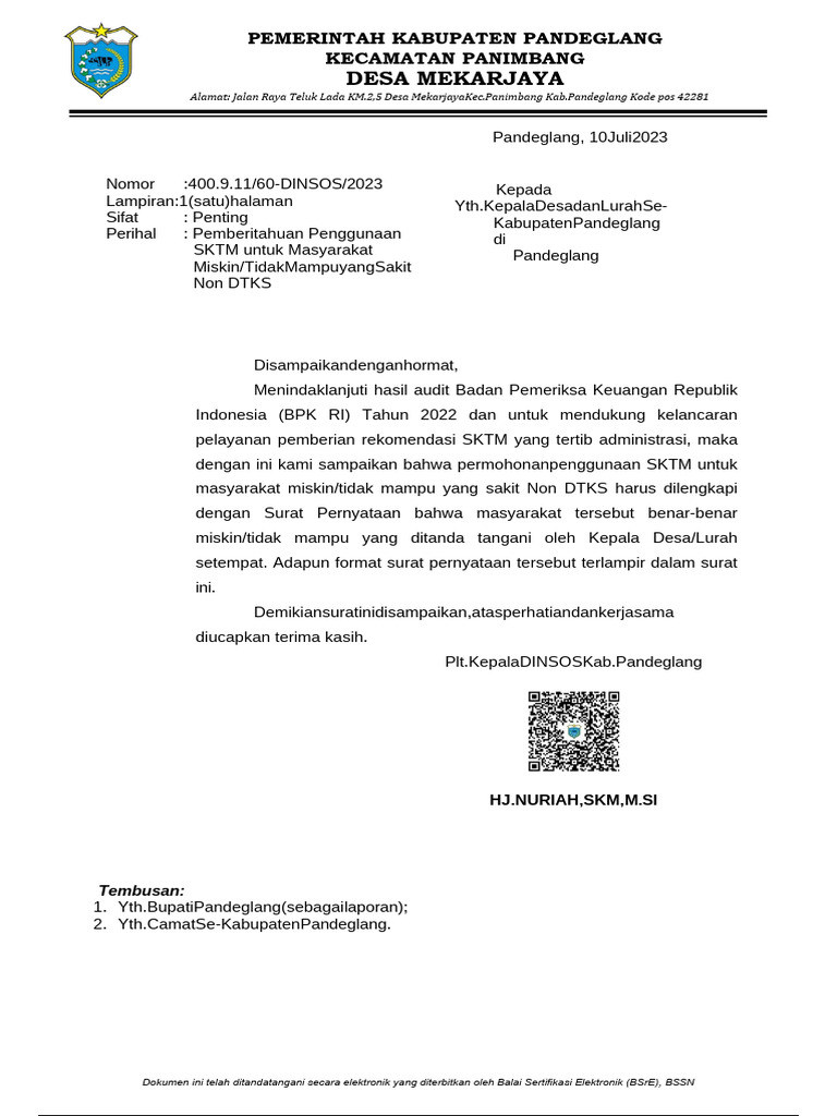 Surat Pemberitahuan Penggunaan SKTM | PDF