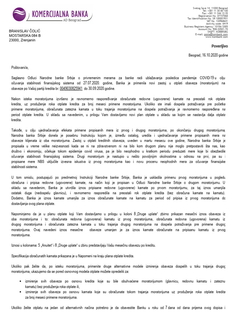 Branislav Čolić Mostarska 084 B 23000, Zrenjanin: Poverljivo | PDF