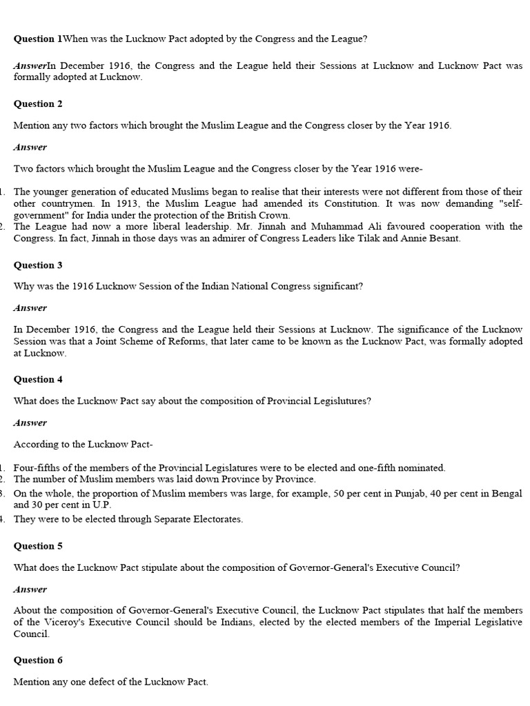 Class 10 His 1 To 7 Notes | PDF | All India Muslim League | British Raj