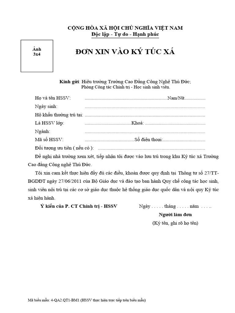 1 - Mau Don Xin Vao KTX 4-QA2 - QT1-BM1 | PDF