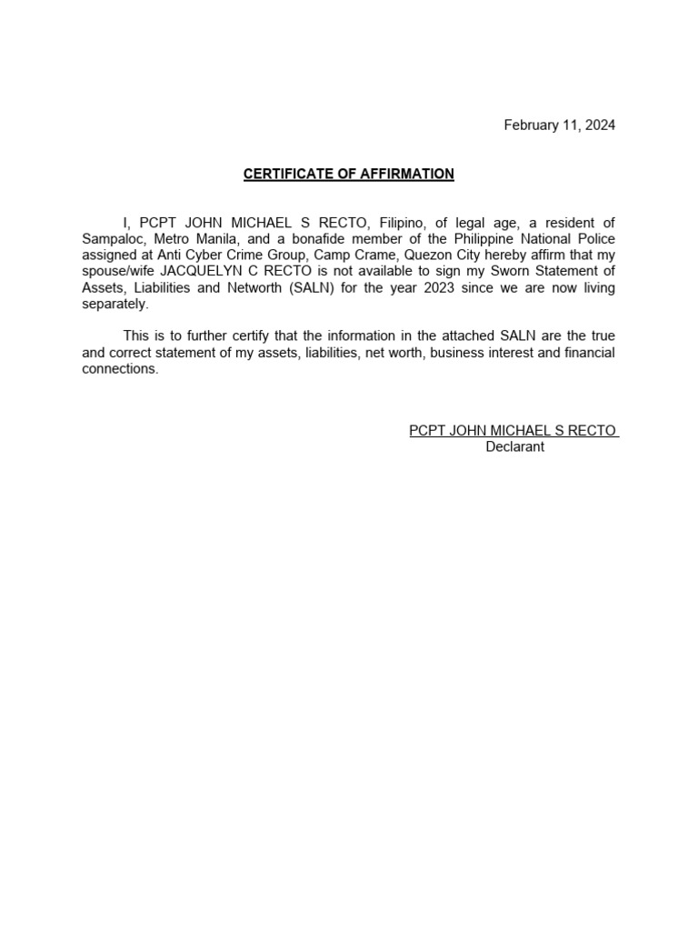 Certificate of Affirmation | PDF