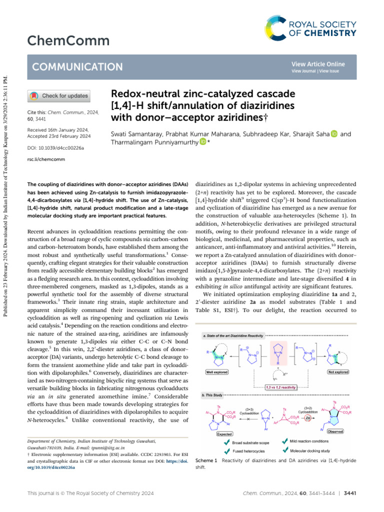 Chem. Commun., 2024, 60, 3441-3444 | PDF | Chemical Reactions | Organic ...