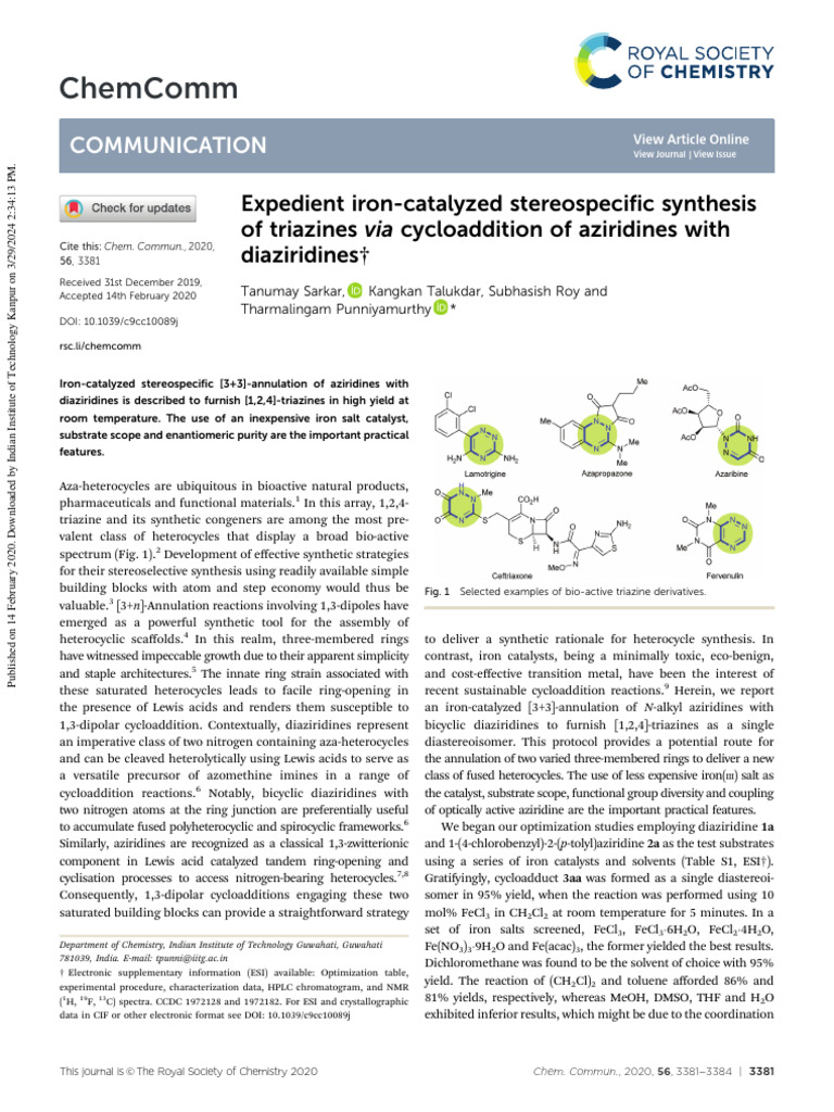 Chem. Commun., 2020, 56, 3381 - 3384 | PDF | Chemical Reactions | Enantioselective Synthesis