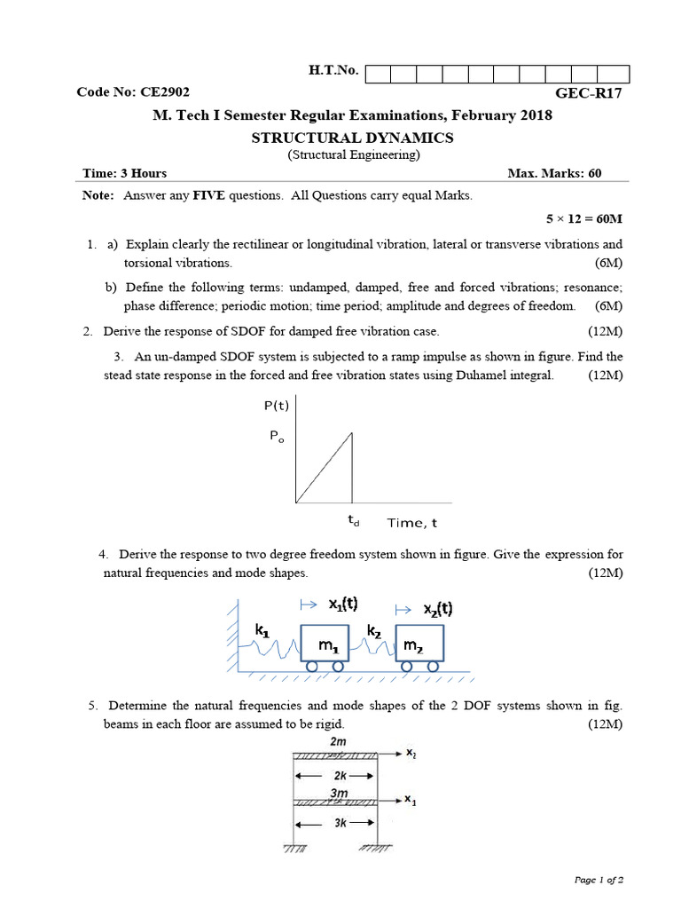 mtech-1-sem-se-structural-dynamics-feb-2018 | PDF | Normal Mode | Physics mtech-1-sem-se-structural-dynamics-feb-2018 | PDF | Normal Mode | Physics