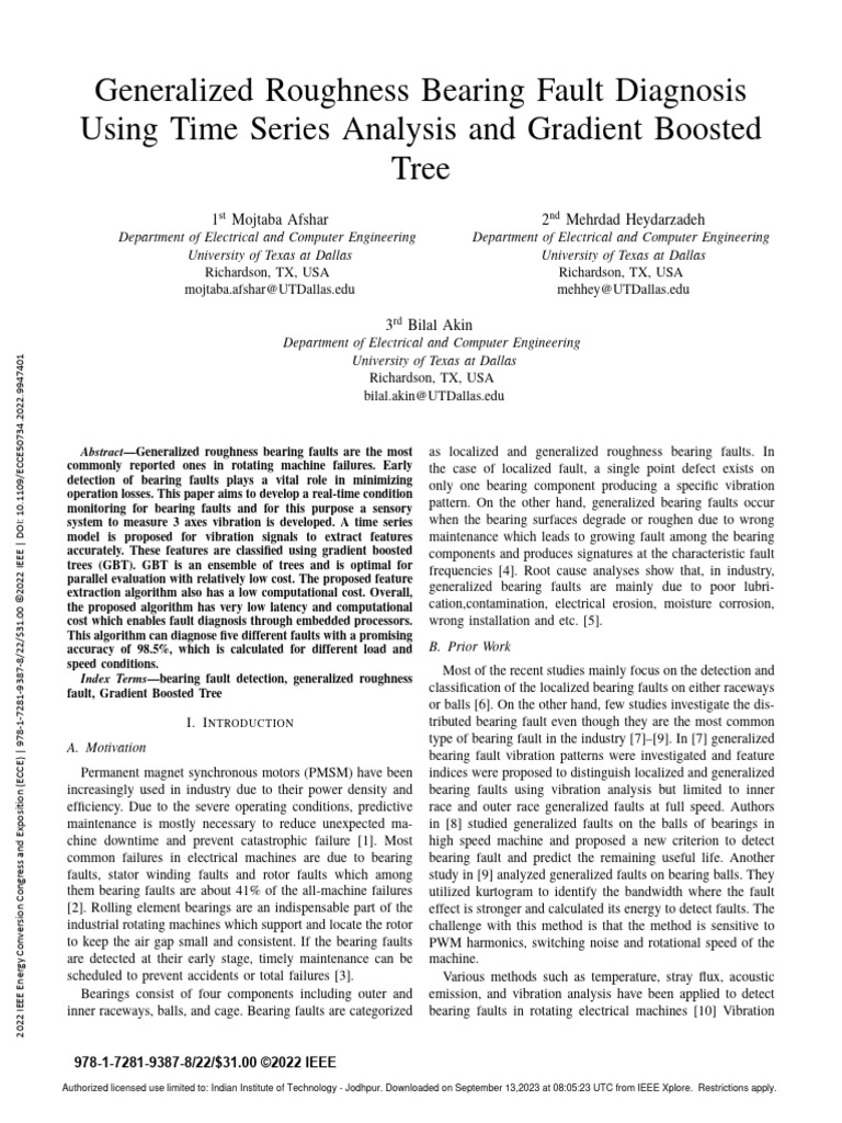 Generalized Roughness Bearing Fault Diagnosis Using Time Series Analysis and Gradient Boosted ...