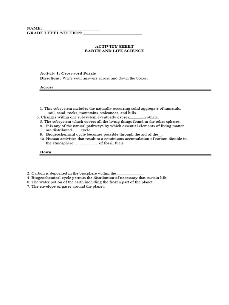 Earth & Life Science Activity Sheet | PDF | Soil | Physical Geography