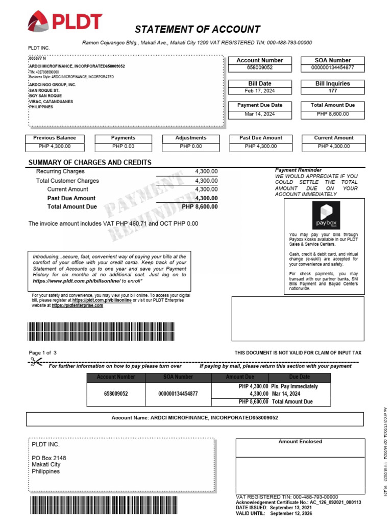 ARDCI Microfinance Bill Notice | PDF | Credit Card | Payments