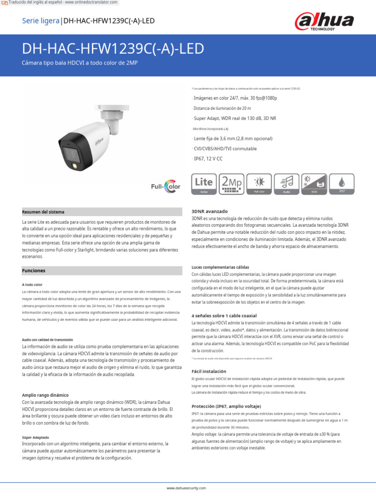 HAC-HFW1239C-A-LED-cámara-HDCVI-fullcolor-2mp-Ficha-Técnica-Dahua-Español | PDF | Diodo emisor ...